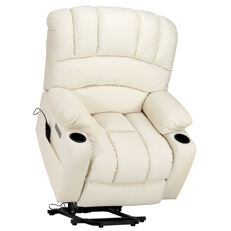 Faaris Power Leather Motor Recliner Lift Chair Heated Massage Chair with Cup Holders Latitude Run Body Fabric White Leather Match